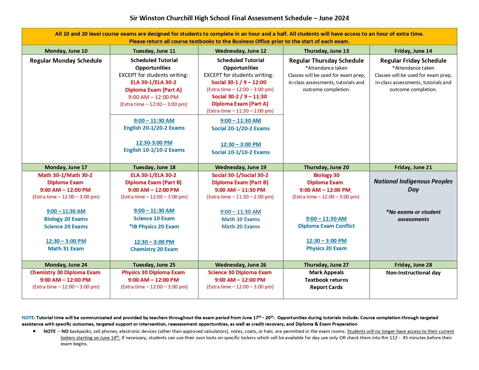 June 2024 Final Exam Schedule - Sir Winston Churchill High School